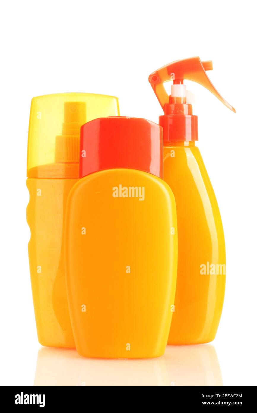 Bottles with suntan cream isolated on white Stock Photo - Alamy