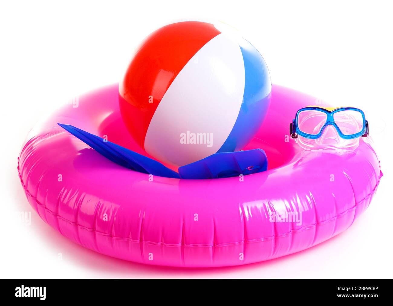 life ring, inflatable ball, flippers and mask isolated on white Stock ...