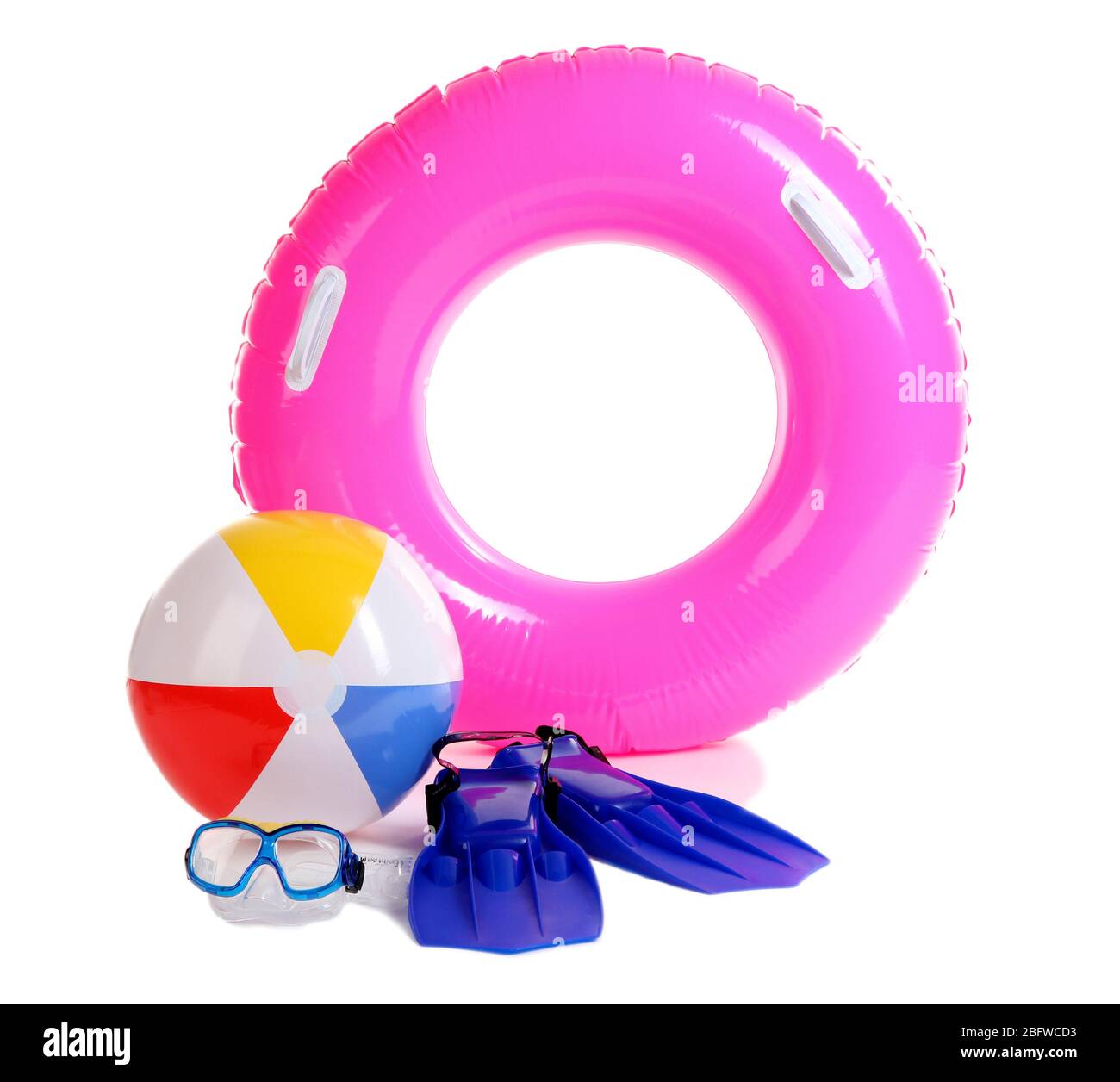 life ring, inflatable ball, flippers and mask isolated on white Stock ...