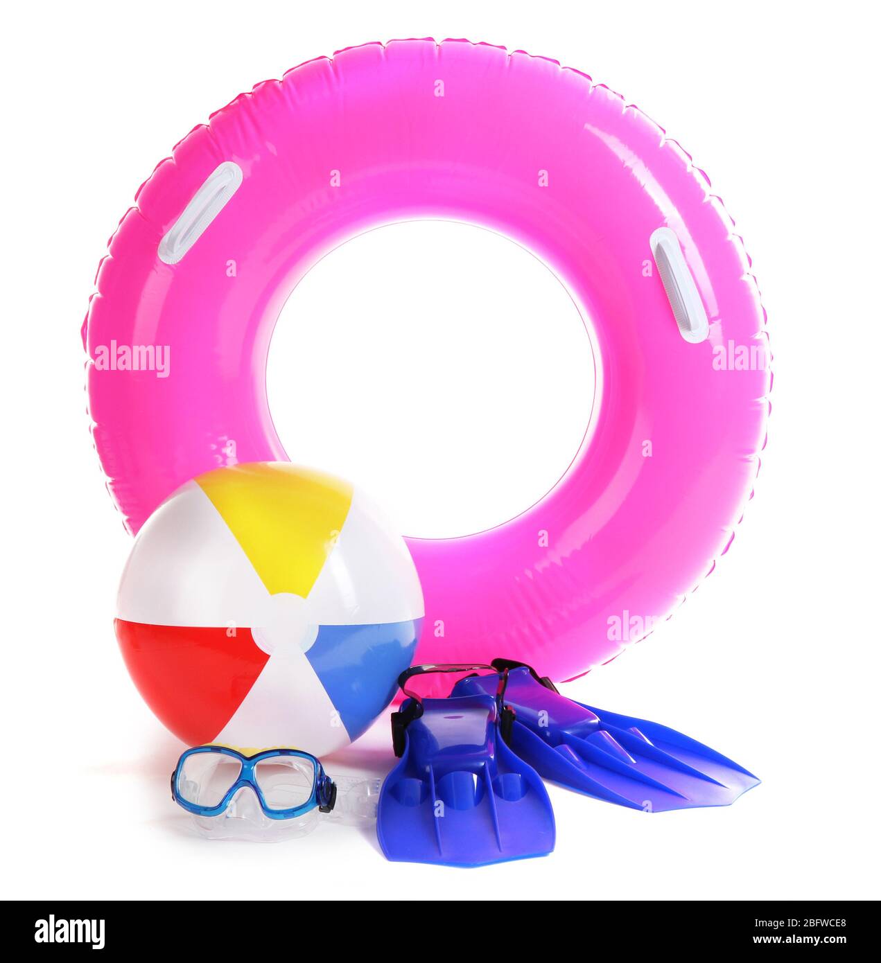 life ring, inflatable ball, flippers and mask isolated on white Stock ...