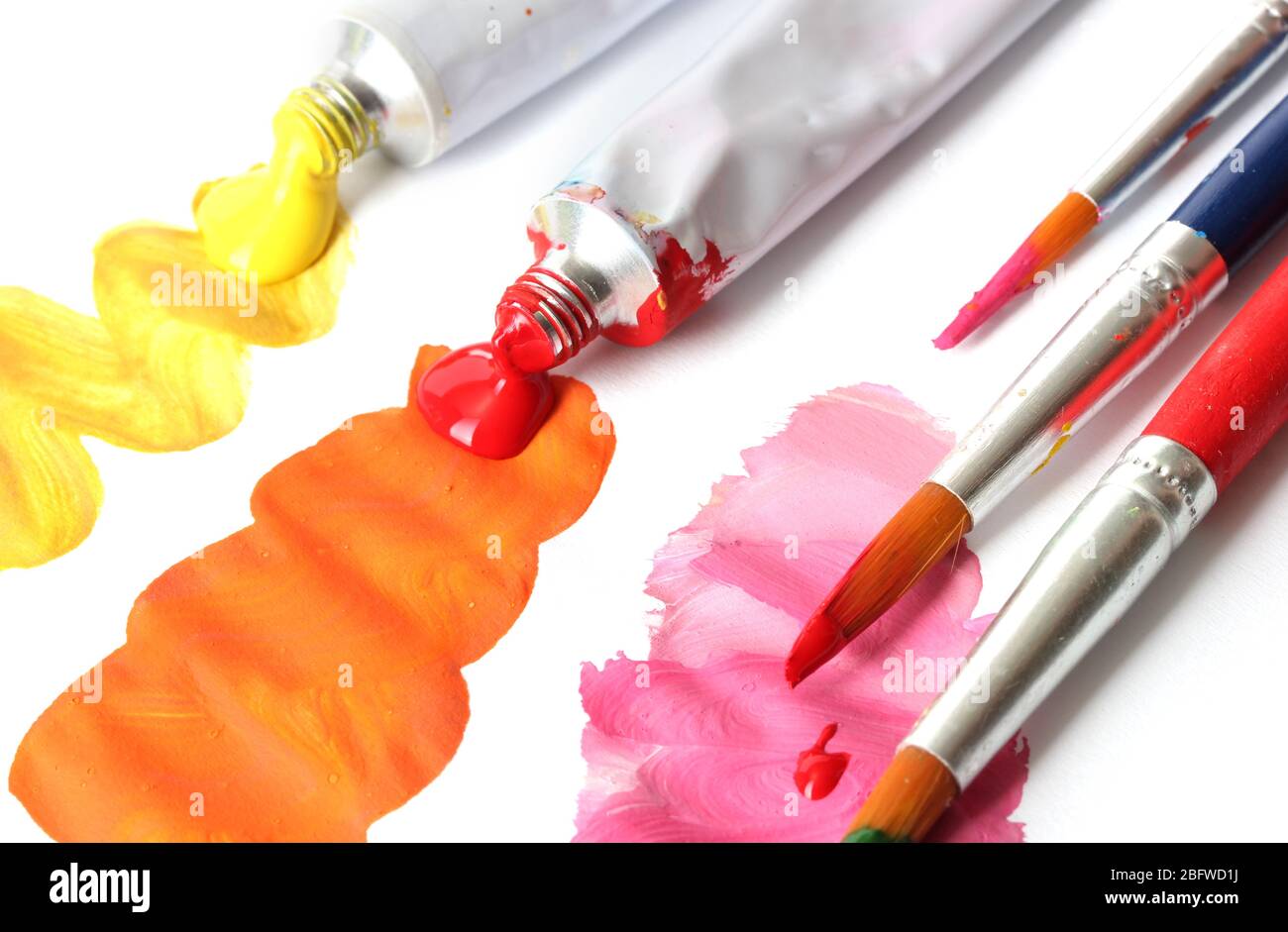 Abstract acrylic paint, paint tubes and brushes isolated on white Stock ...