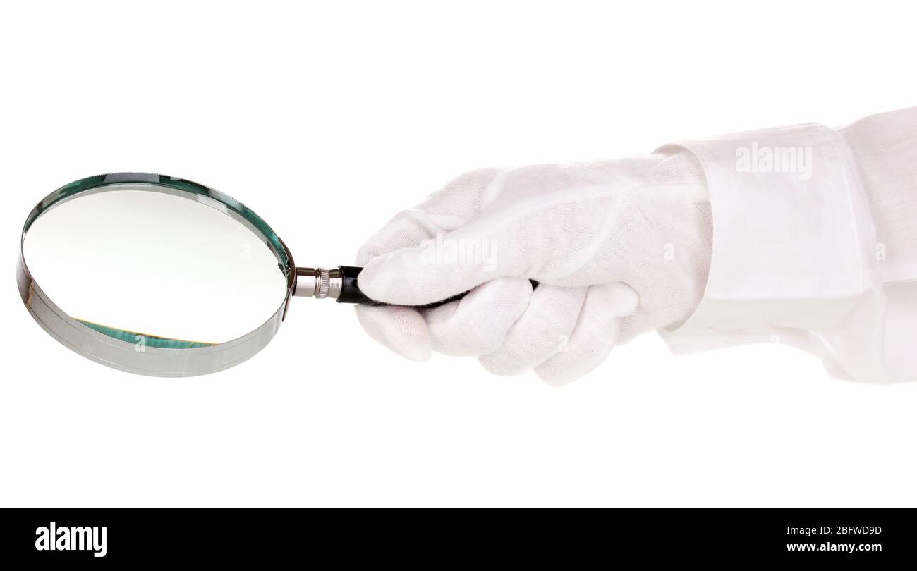 Female hand with loupe isolated on white Stock Photo - Alamy