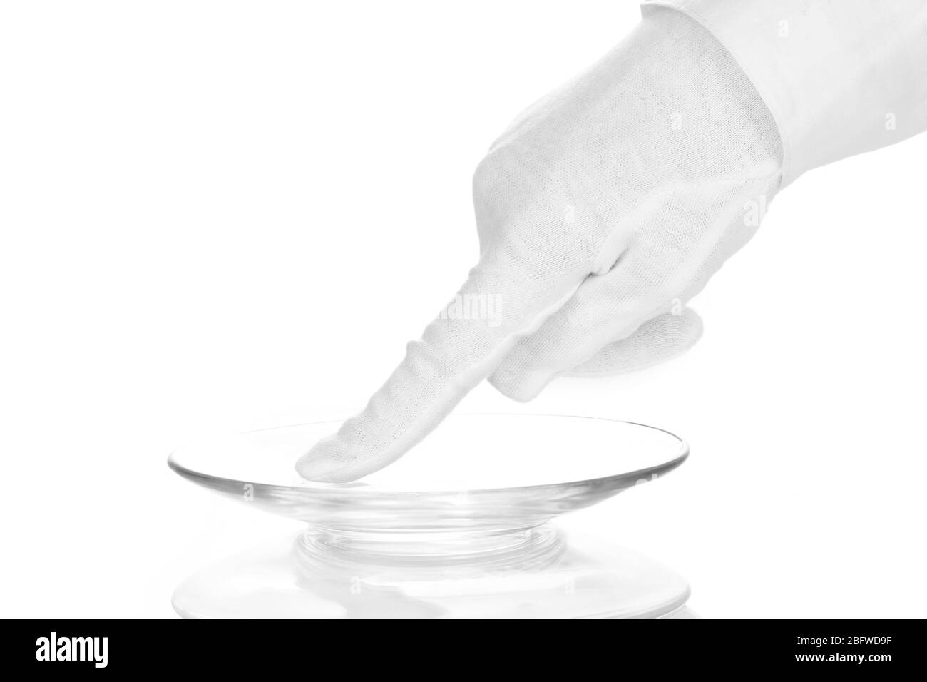 Female hand checking cleanliness isolated on white Stock Photo - Alamy