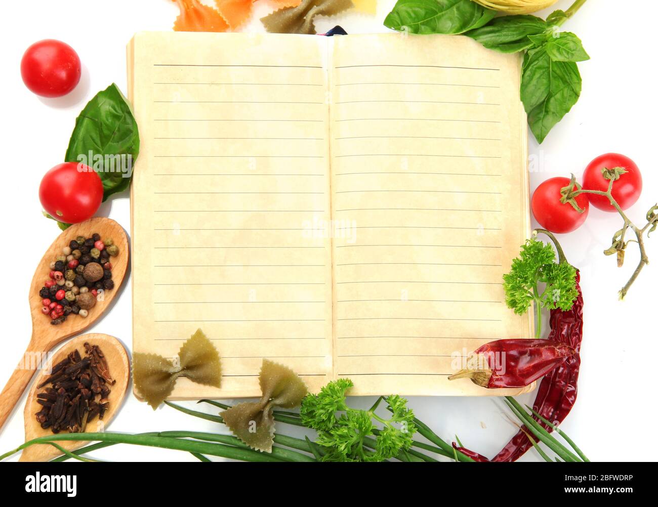book for recipes, vegetables and spices, isolated on white Stock Photo ...
