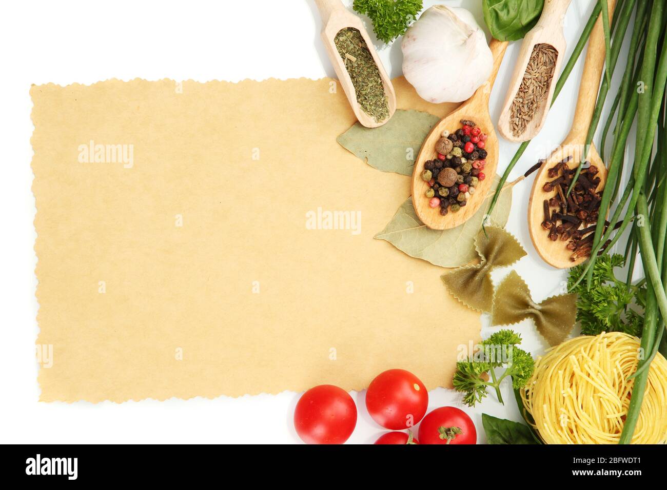 paper for recipes,vegetables and spices, isolated on white Stock Photo ...