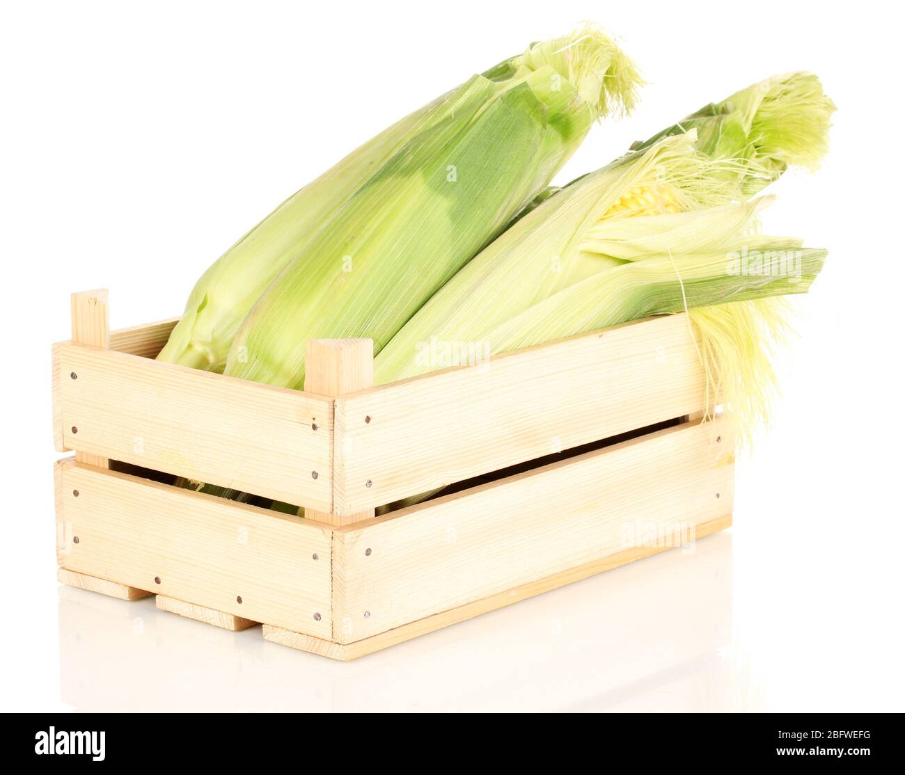 Fresh corn cobs in crate isolated on white Stock Photo - Alamy