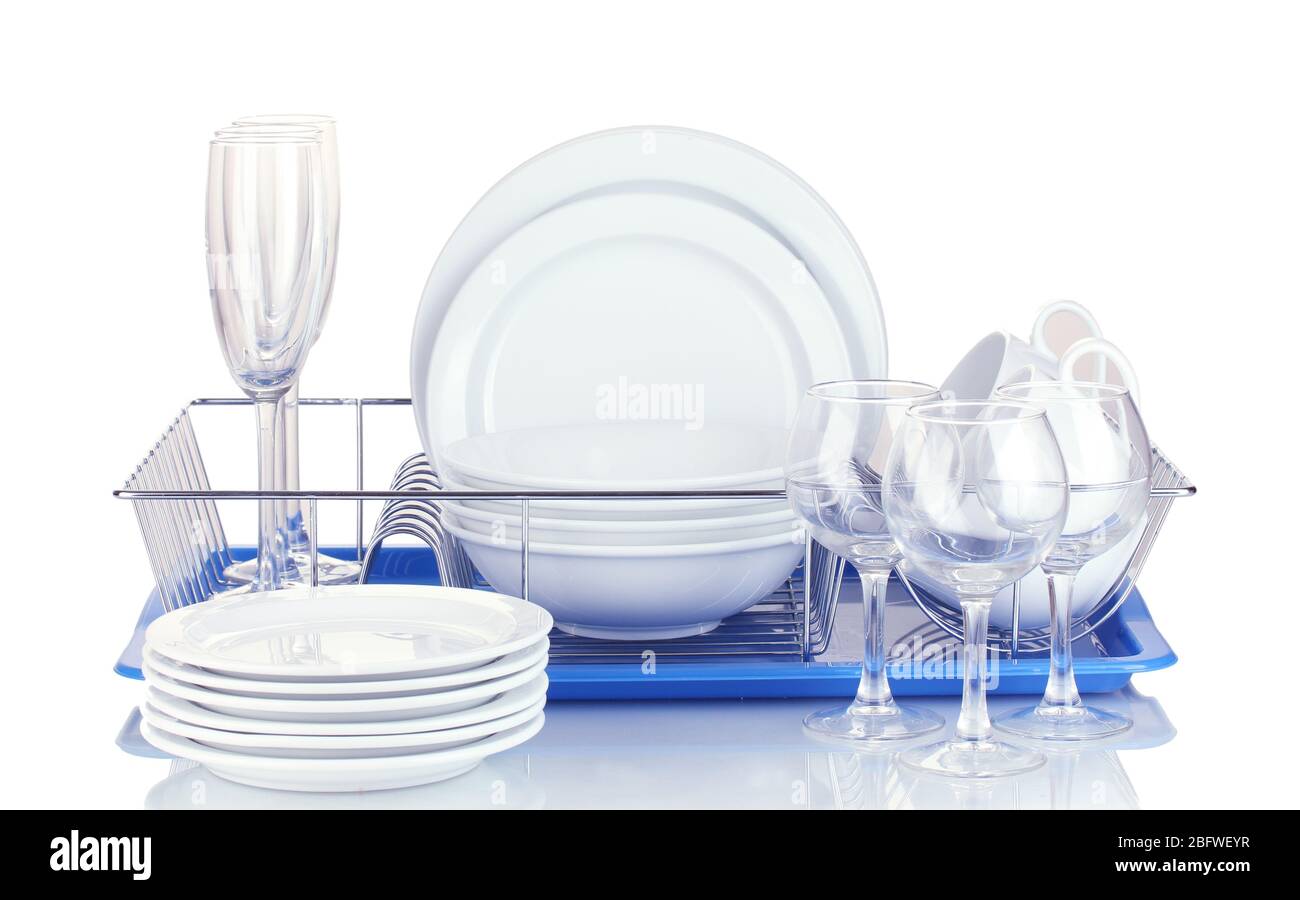 clean dishes on stand isolated on white Stock Photo - Alamy