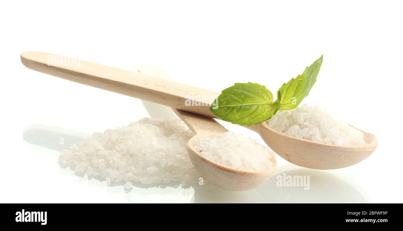 salt in spoons with fresh basil isolated on white Stock Photo - Alamy
