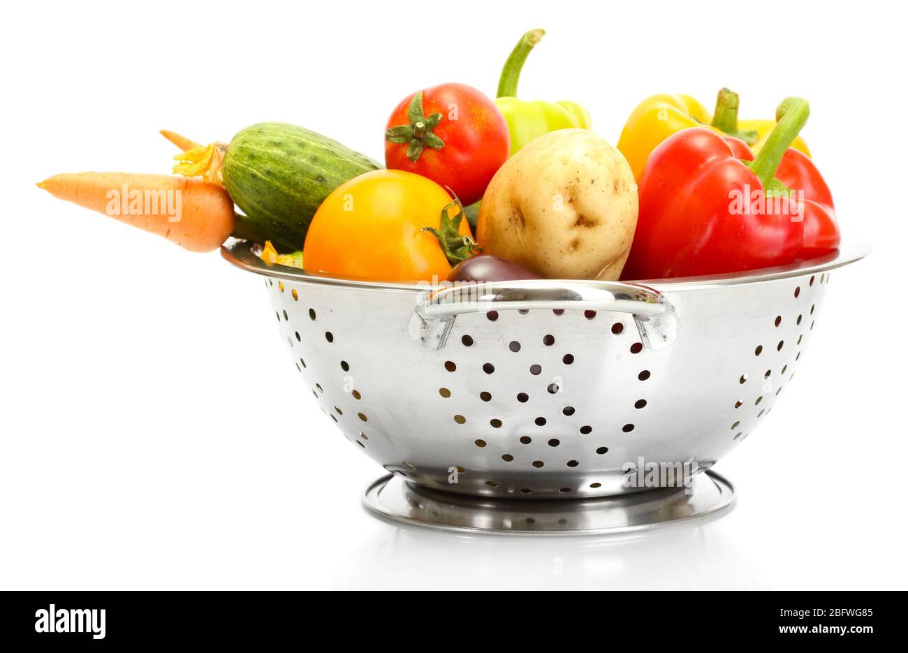 fresh vegetables in silver colander isolated on white Stock Photo - Alamy