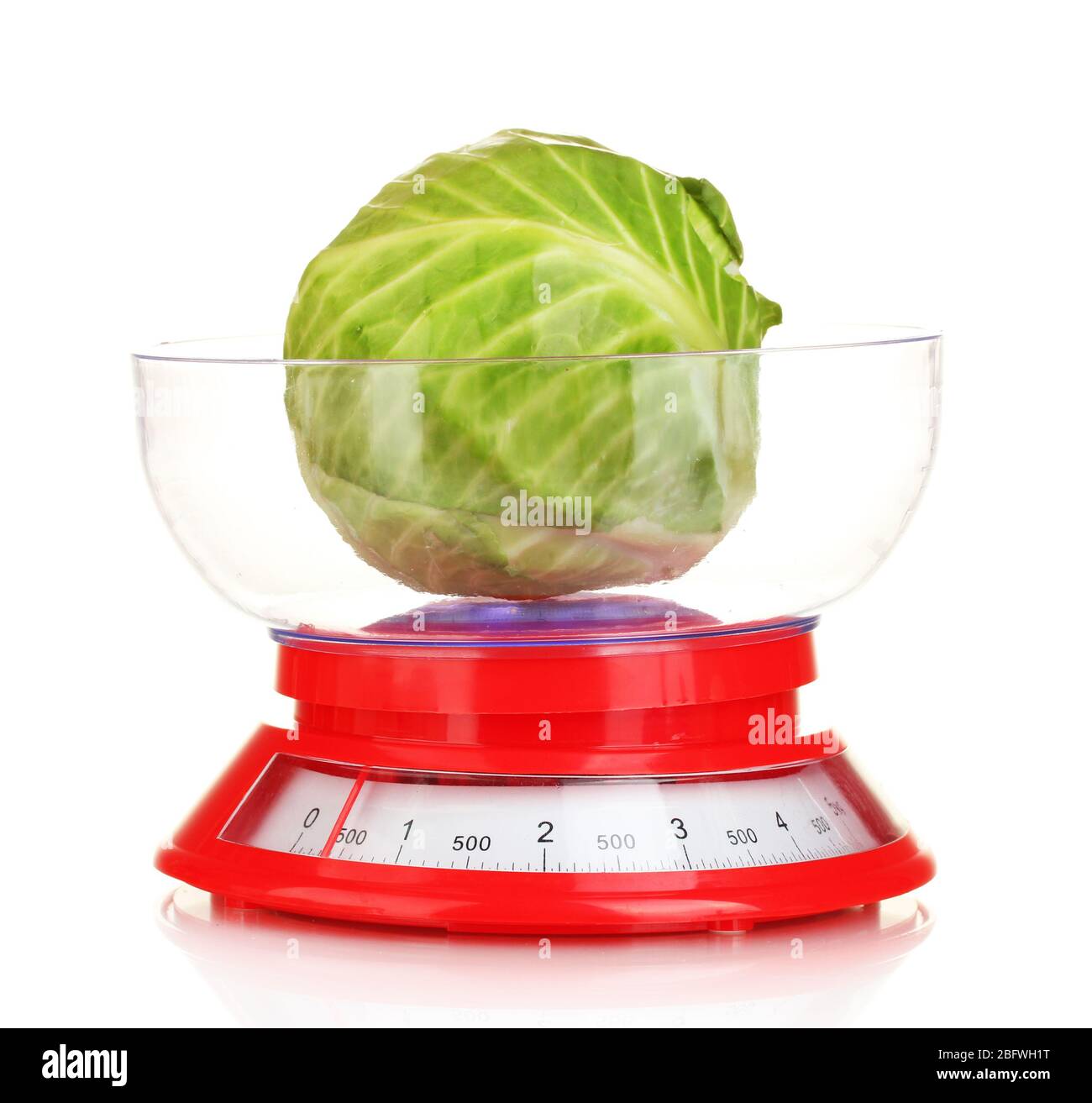 green cabbage in a kitchen scales isolated on white Stock Photo - Alamy