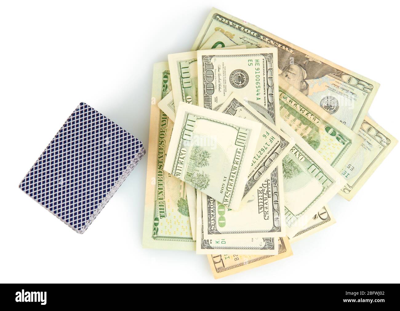 Dollars and a deck of playing cards isolated on white Stock Photo - Alamy
