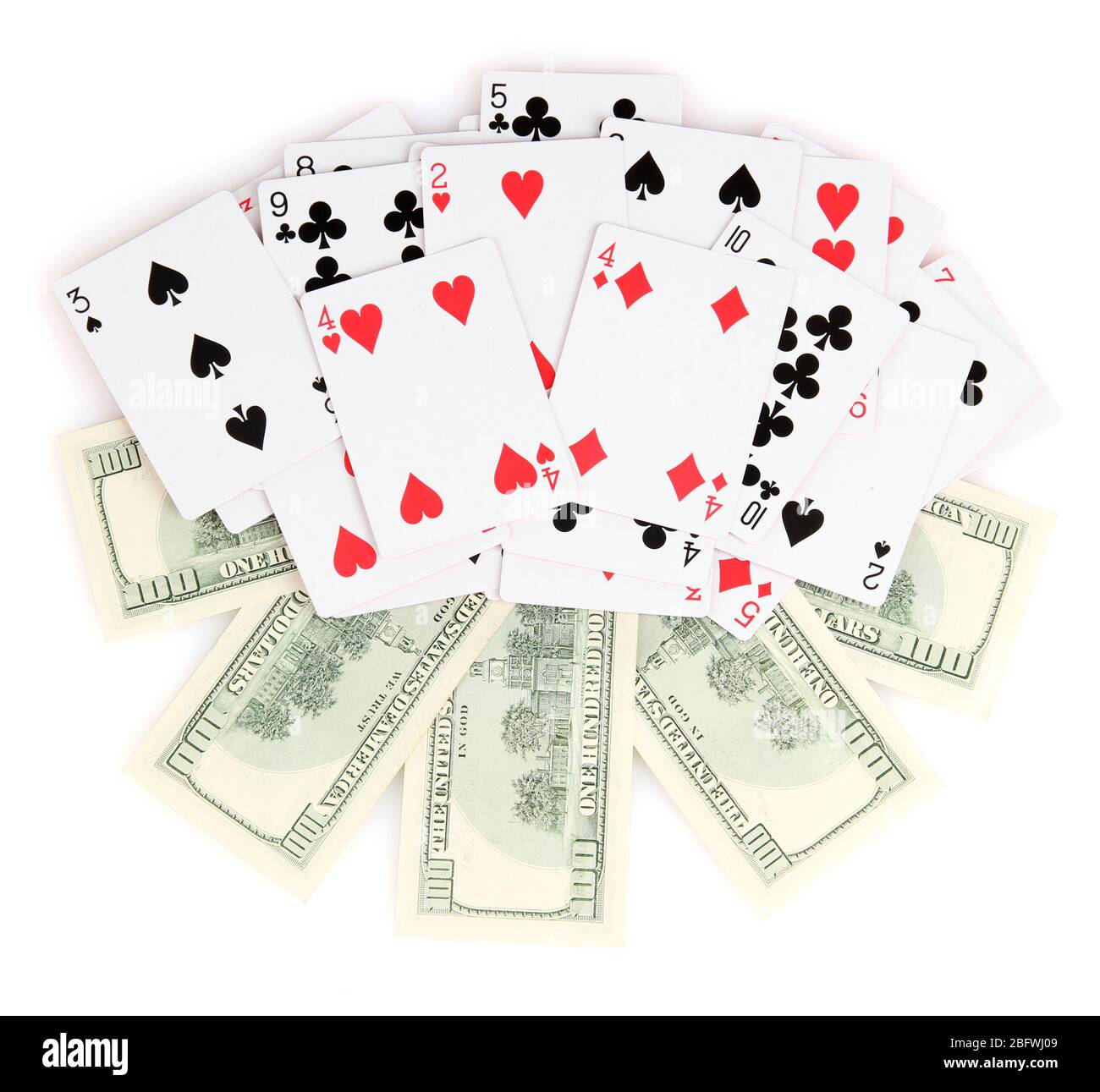 Dollars and a deck of playing cards isolated on white Stock Photo - Alamy