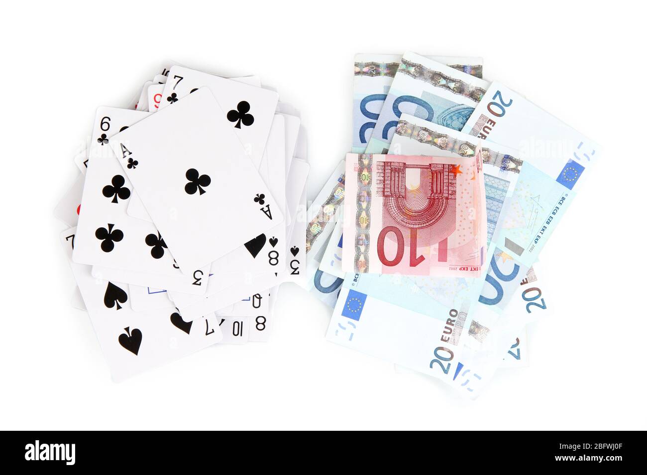 Euro and a deck of playing cards isolated on white Stock Photo - Alamy