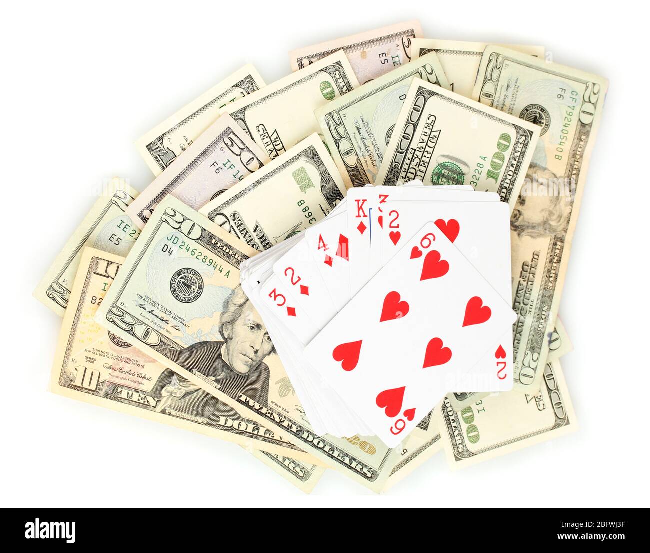 Dollars and a deck of playing cards isolated on white Stock Photo - Alamy