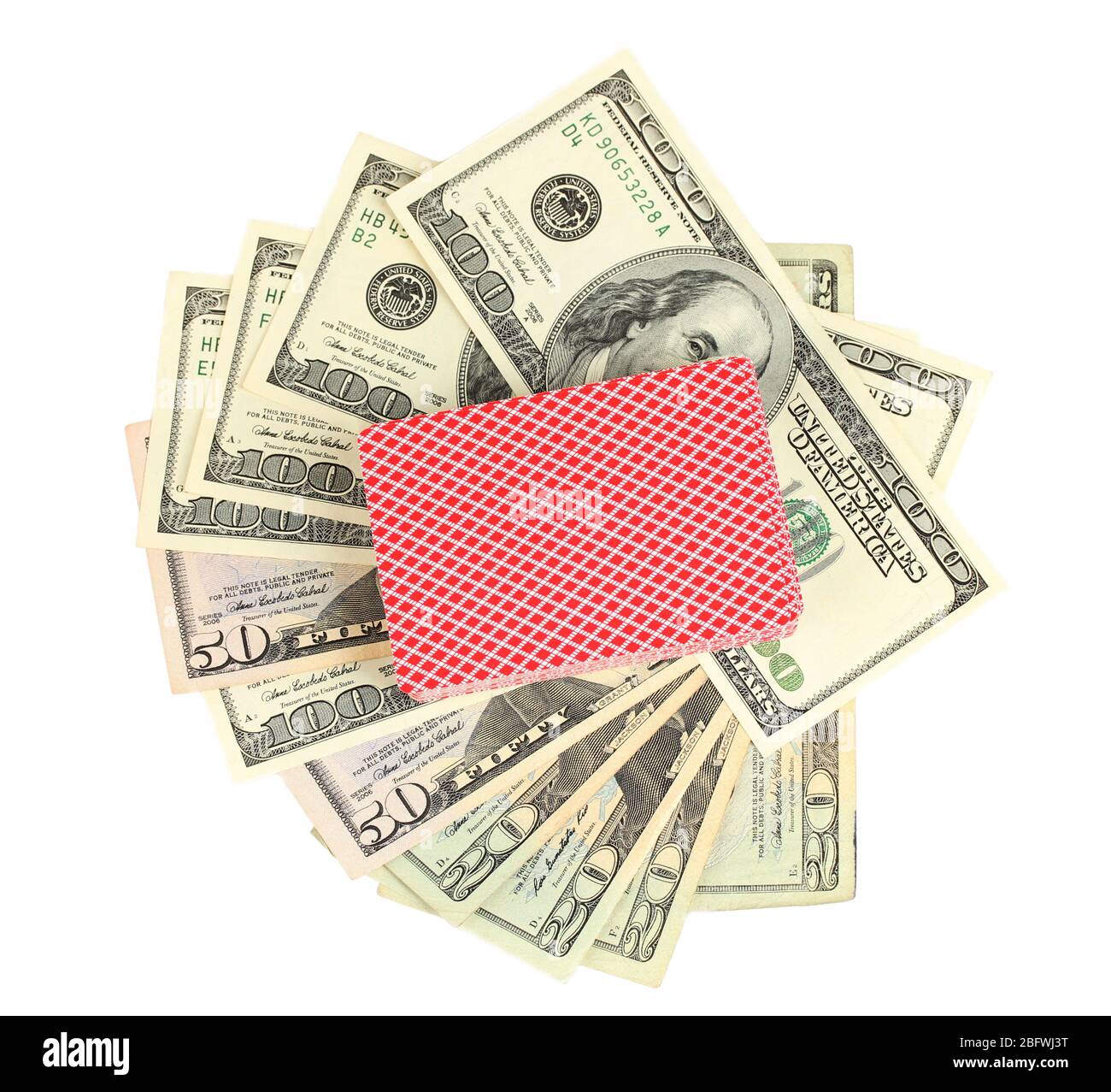 Dollars and a deck of playing cards isolated on white Stock Photo - Alamy
