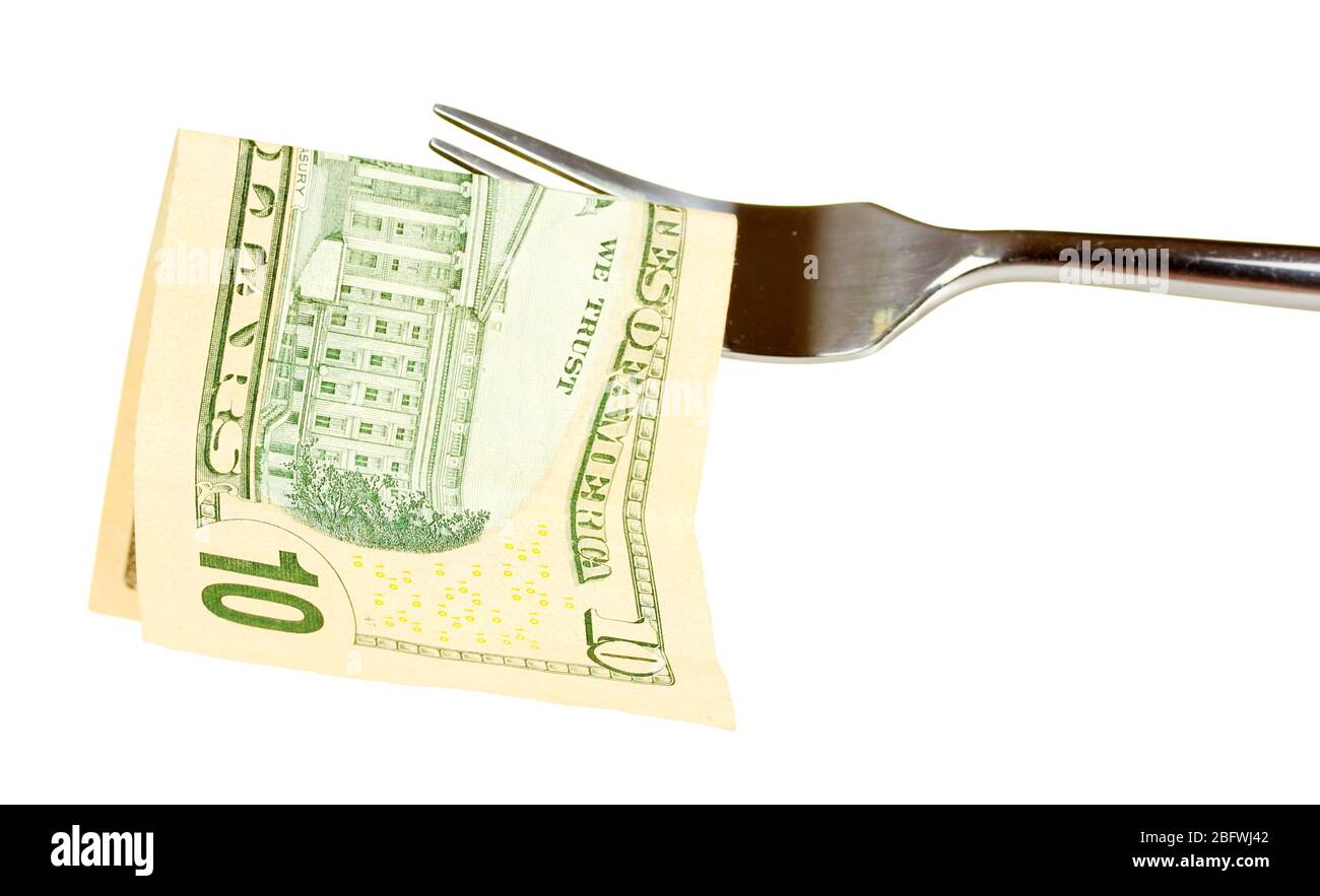 Banknotes on a fork on white background close-up Stock Photo - Alamy