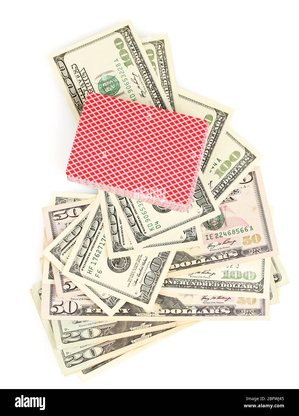 Dollars and a deck of playing cards isolated on white Stock Photo - Alamy