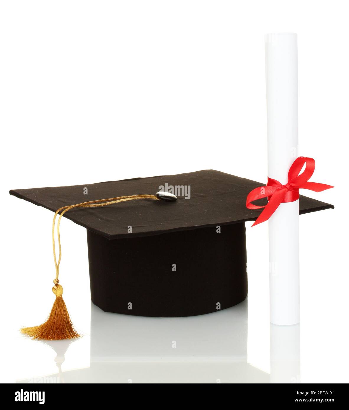 Grad hat and diploma isolated on white Stock Photo - Alamy