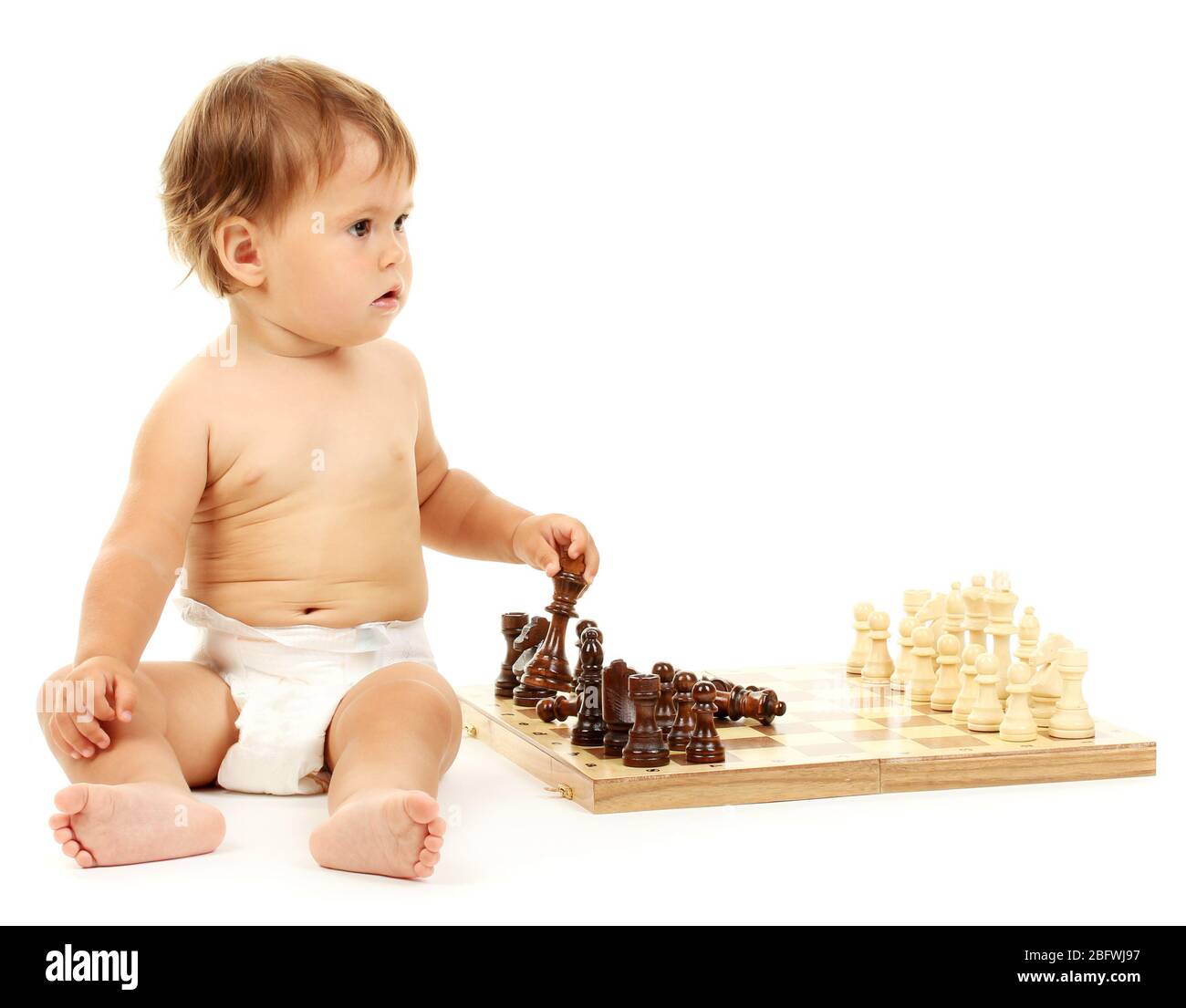 Cute baby and chess isolated on white Stock Photo - Alamy