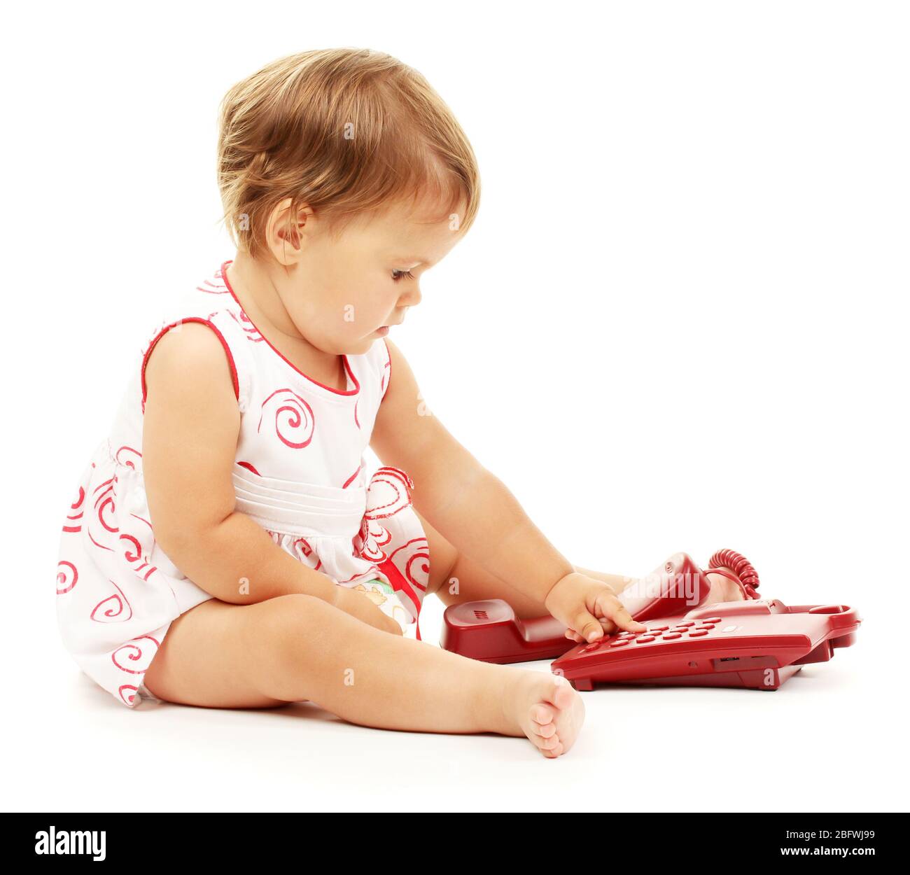 Cute baby with telephone isolated on white Stock Photo - Alamy