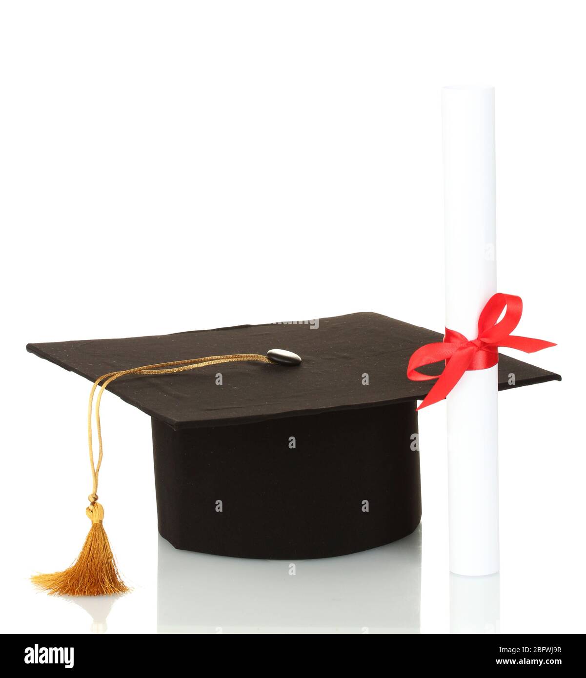 Grad hat and diploma isolated on white Stock Photo - Alamy