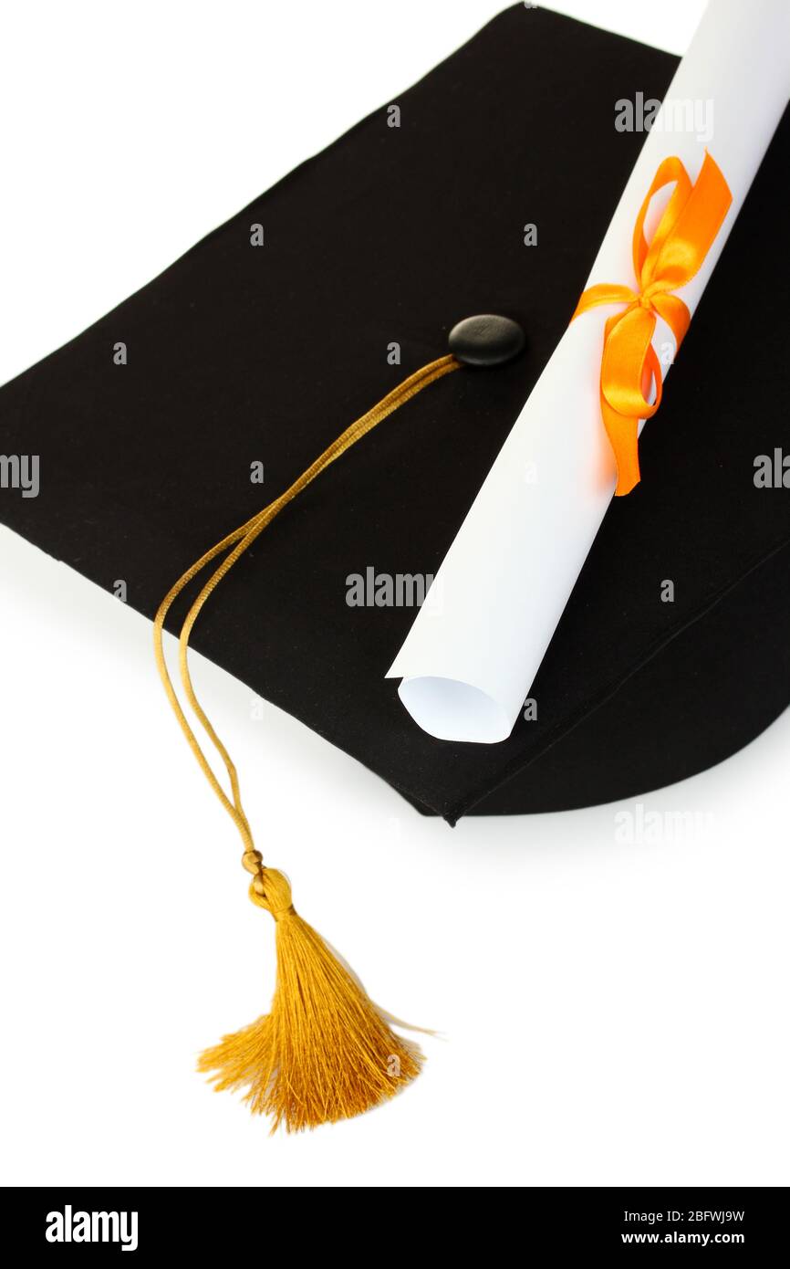 Grad hat and diploma isolated on white Stock Photo - Alamy