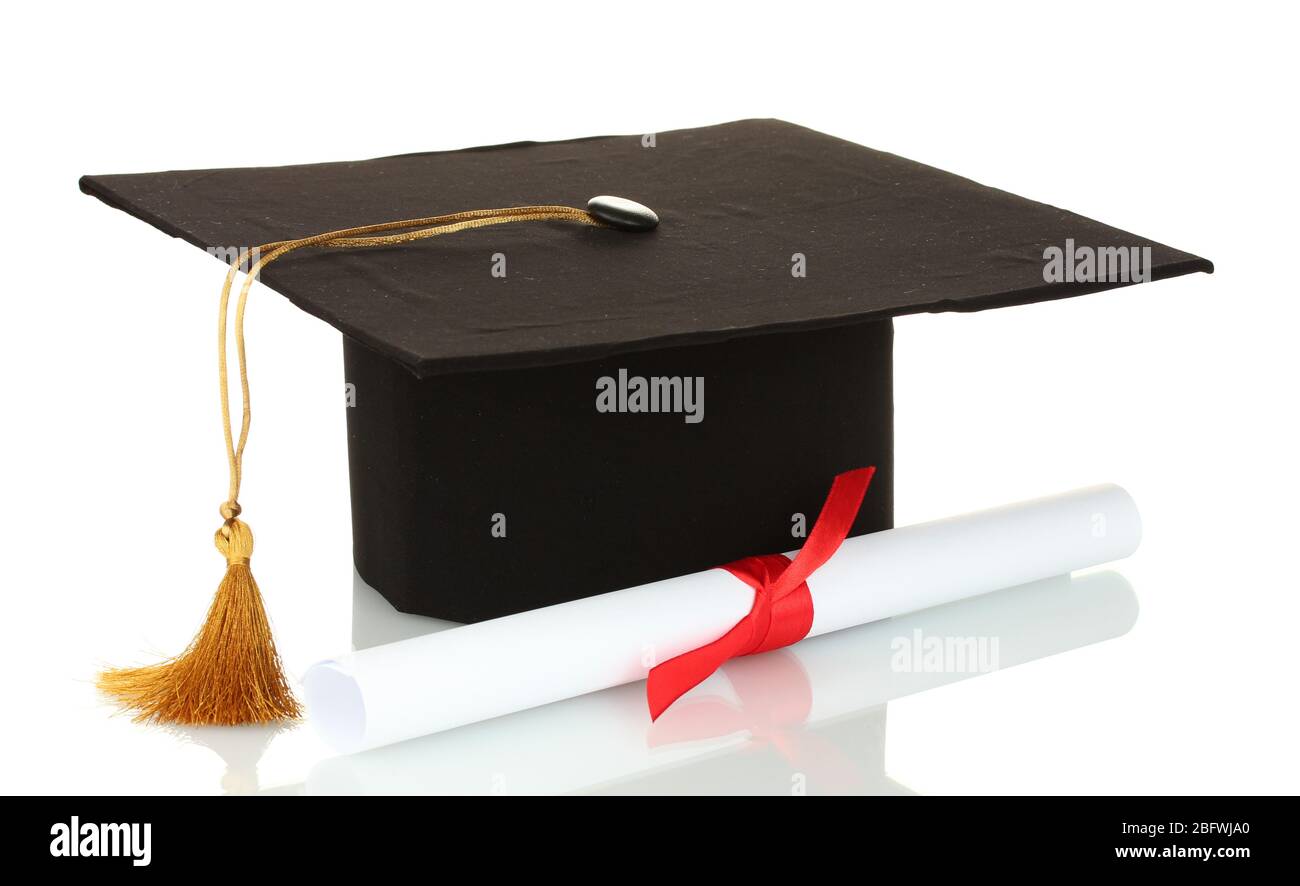 Grad hat and diploma isolated on white Stock Photo - Alamy