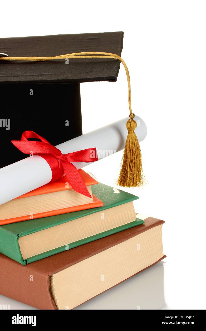Grad hat and diploma with books isolated on white Stock Photo - Alamy