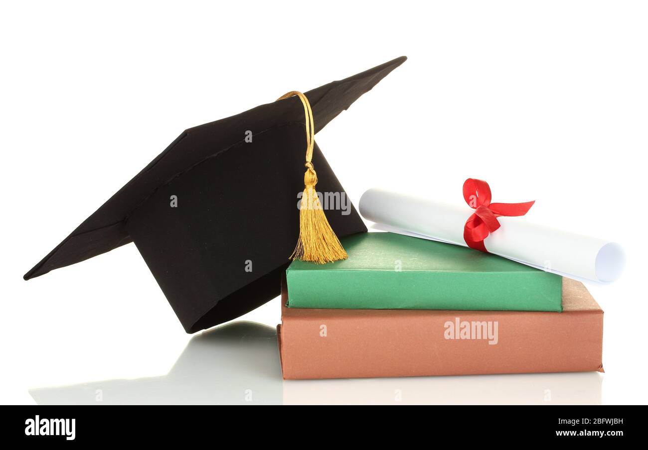 Grad hat and diploma with books isolated on white Stock Photo - Alamy