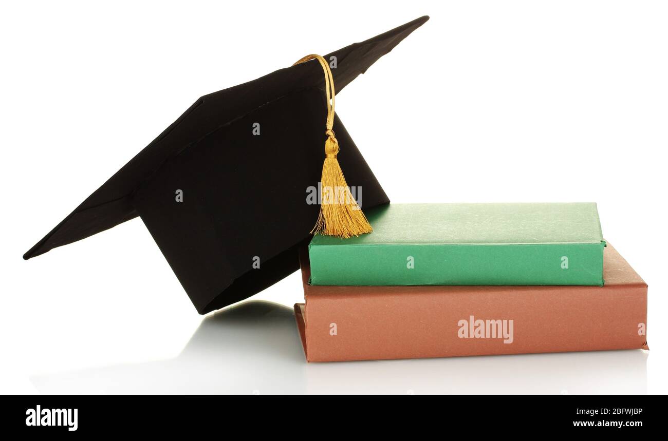 Grad hat and diploma with books isolated on white Stock Photo - Alamy