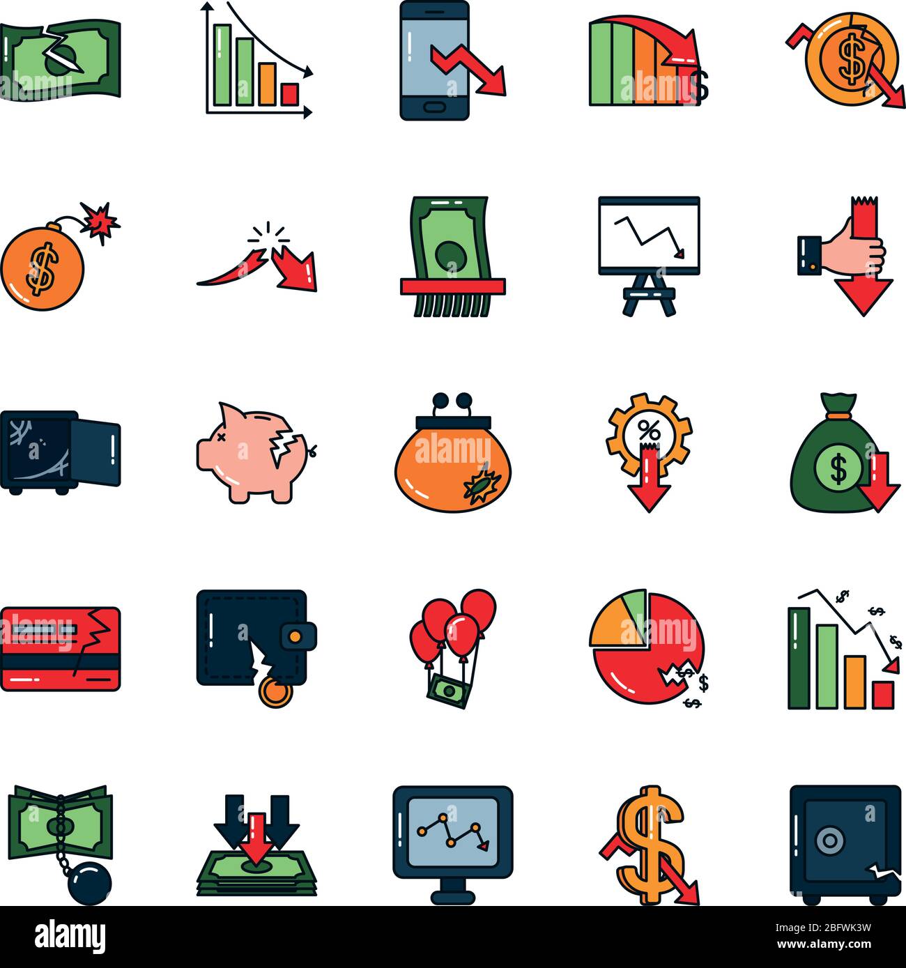 credit card and economic recession icon set over white background, line ...