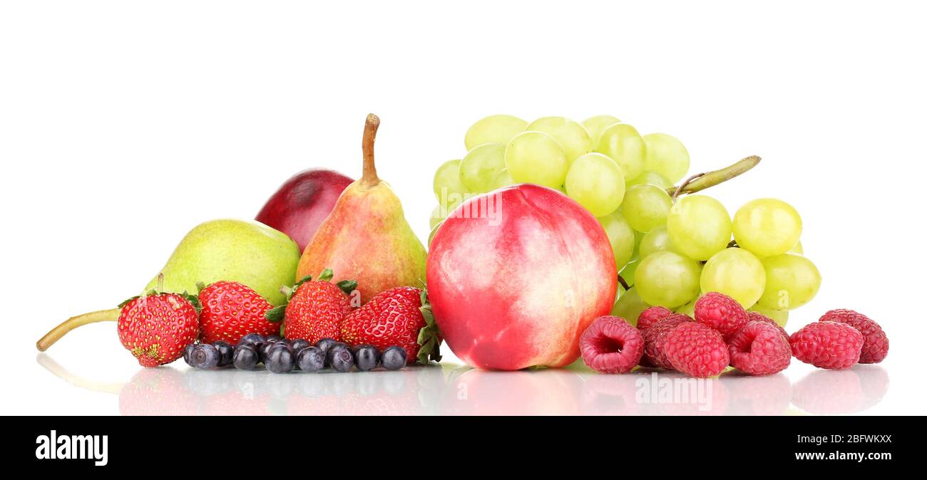 Mix of ripe sweet fruits and berries isolated on white Stock Photo - Alamy