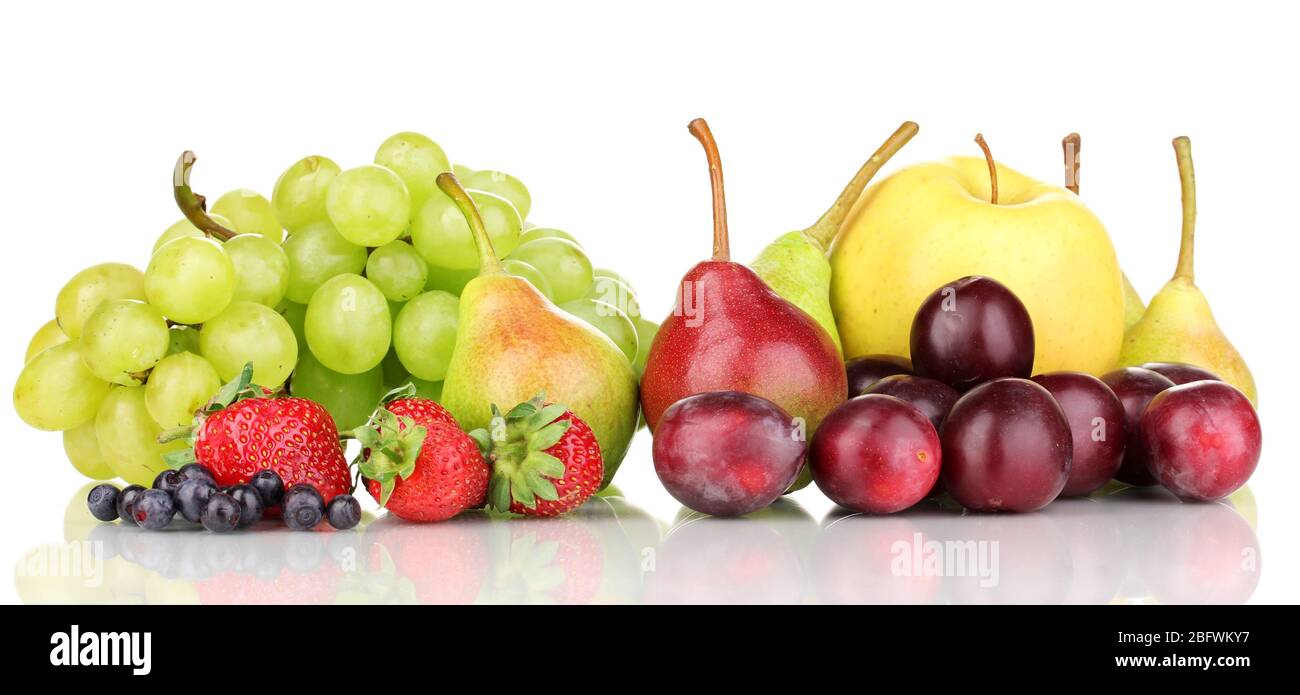 Mix of ripe sweet fruits and berries isolated on white Stock Photo - Alamy