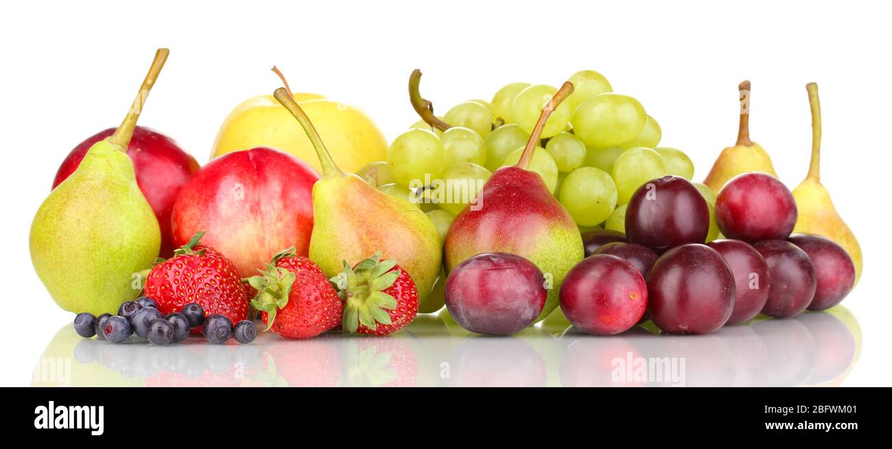 Mix of ripe sweet fruits and berries isolated on white Stock Photo - Alamy