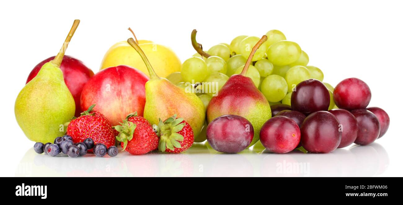 Mix of ripe sweet fruits and berries isolated on white Stock Photo - Alamy