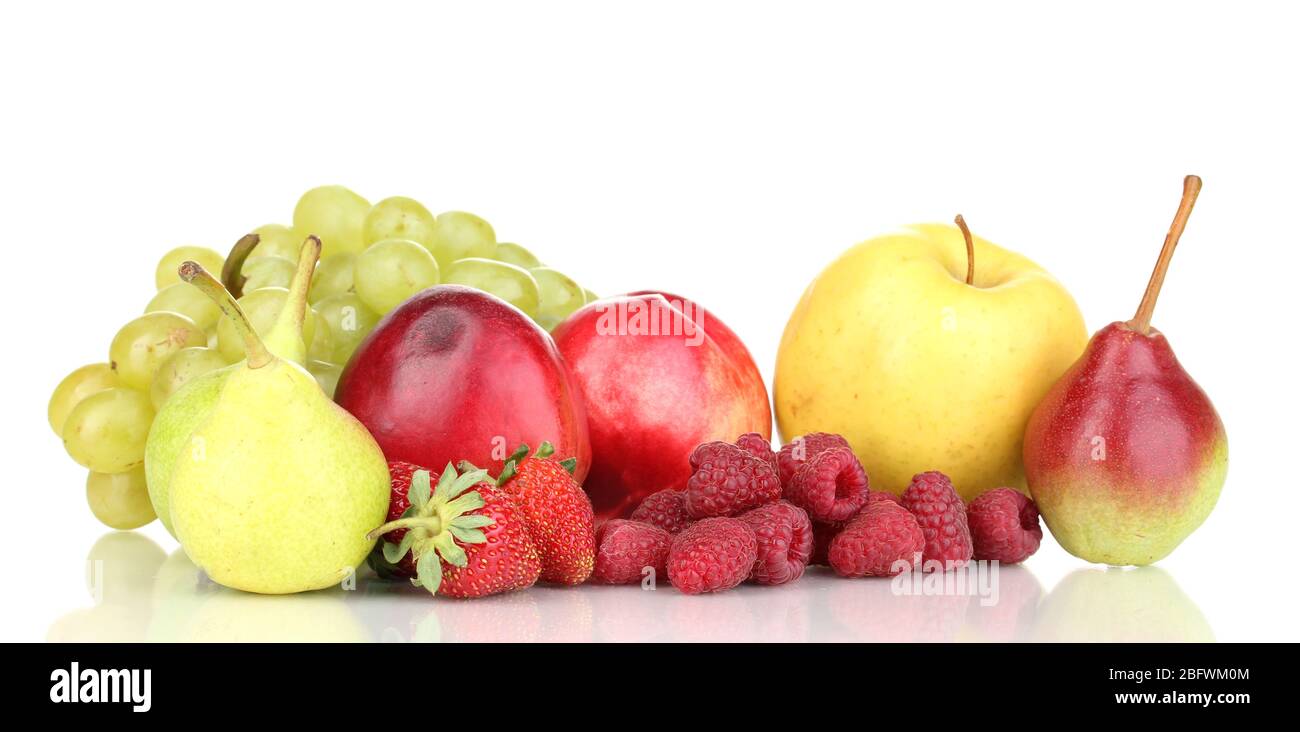 Mix of ripe sweet fruits and berries isolated on white Stock Photo - Alamy