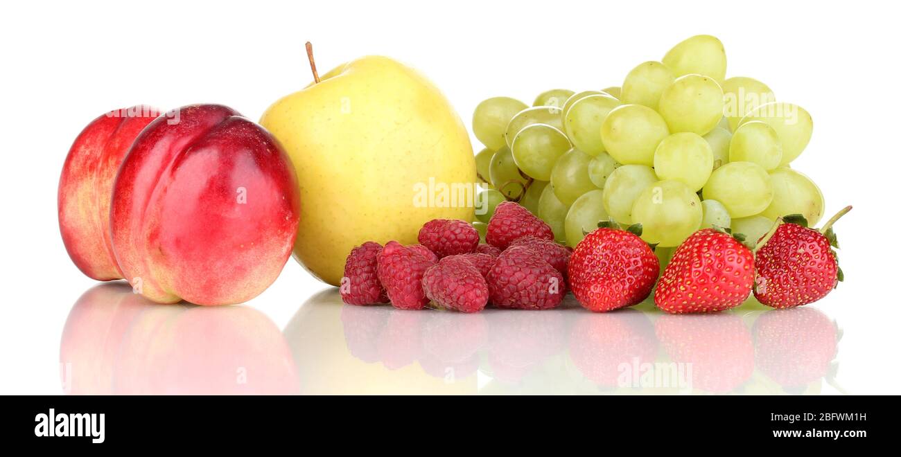 Mix of ripe sweet fruits and berries isolated on white Stock Photo - Alamy