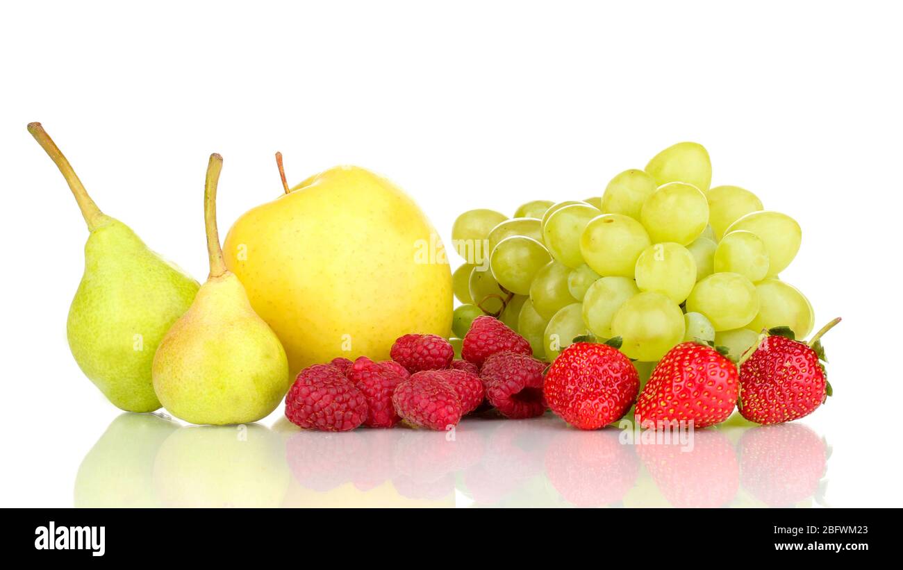 Mix of ripe sweet fruits and berries isolated on white Stock Photo - Alamy