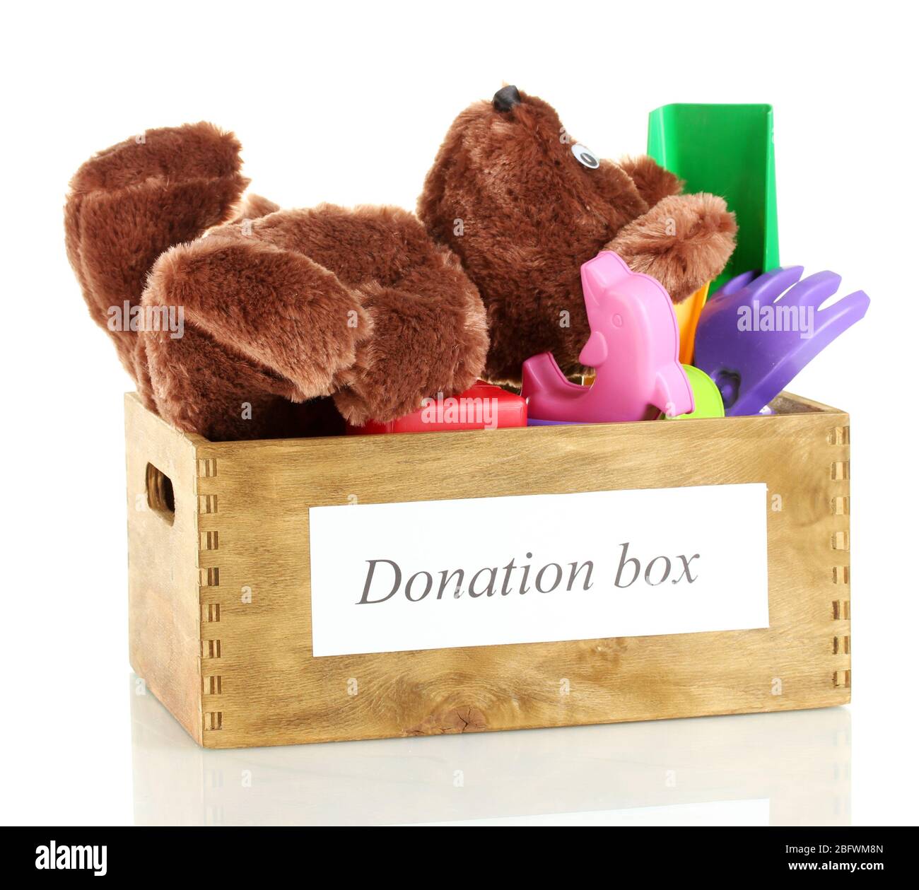 Donation box with children toys isolated on white Stock Photo - Alamy