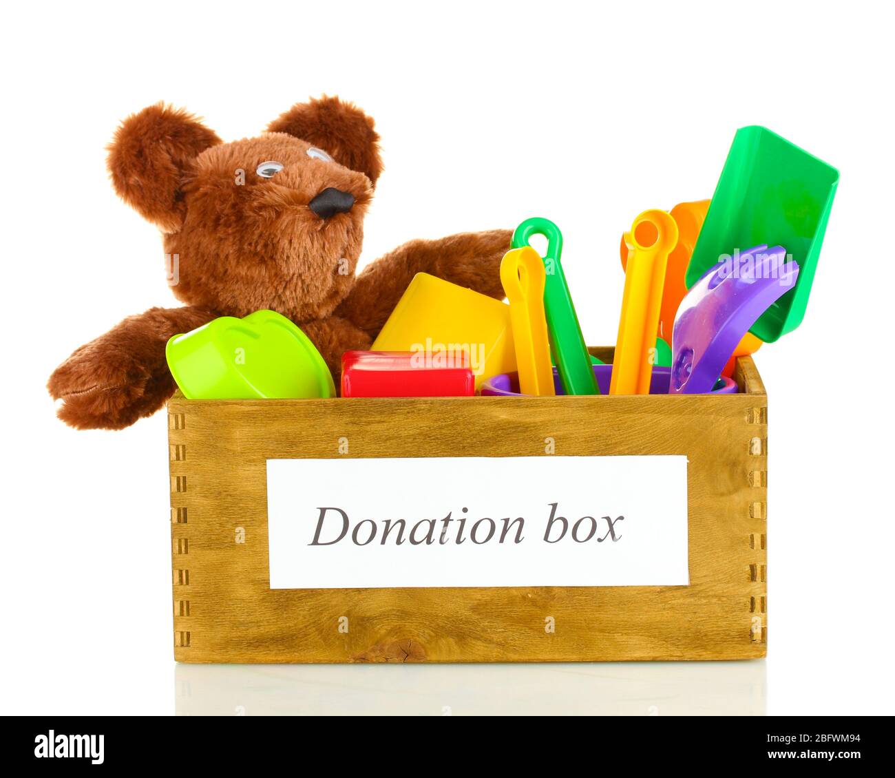Donation box with children toys isolated on white Stock Photo - Alamy