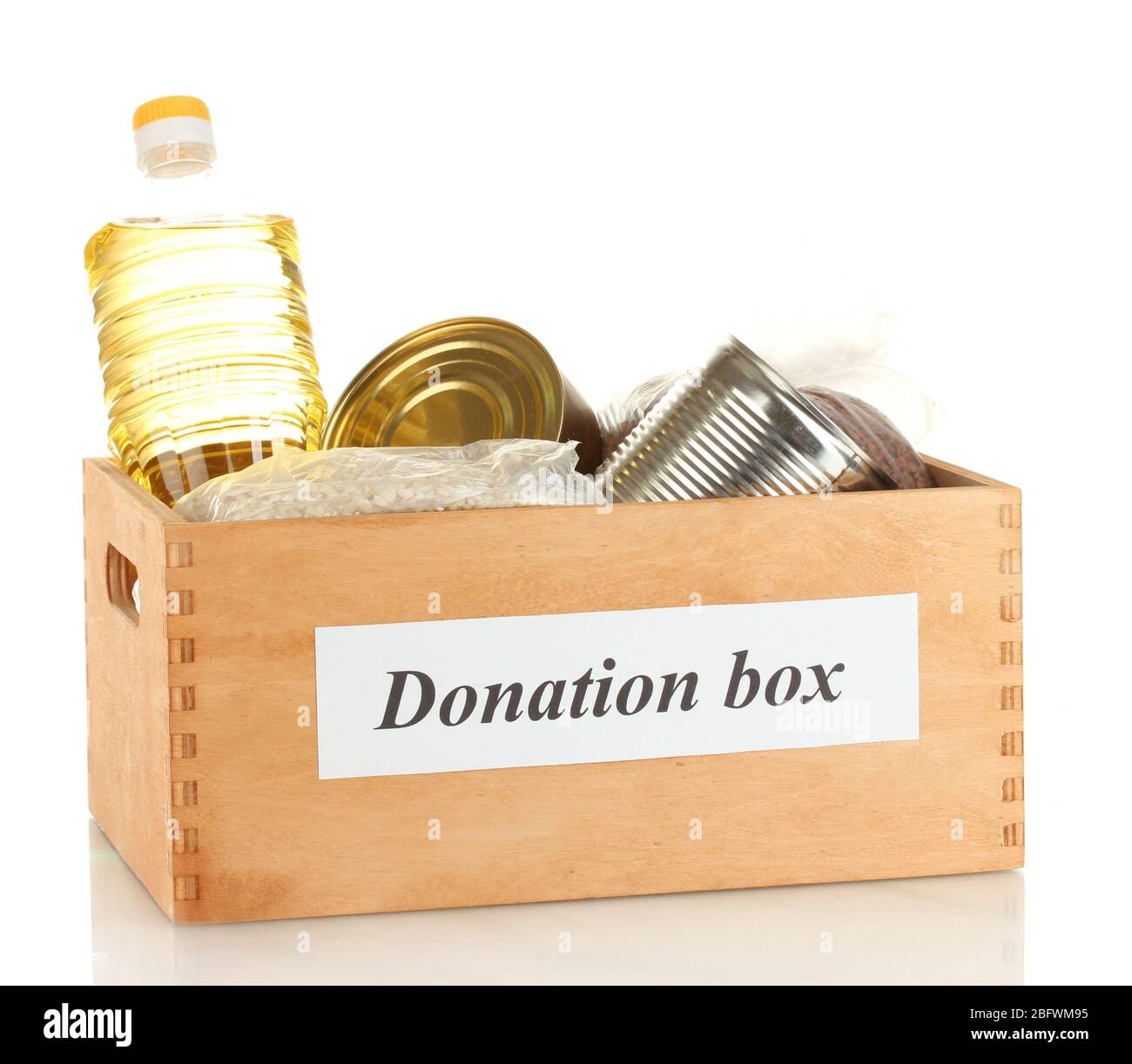 Donation box with food isolated on white Stock Photo - Alamy