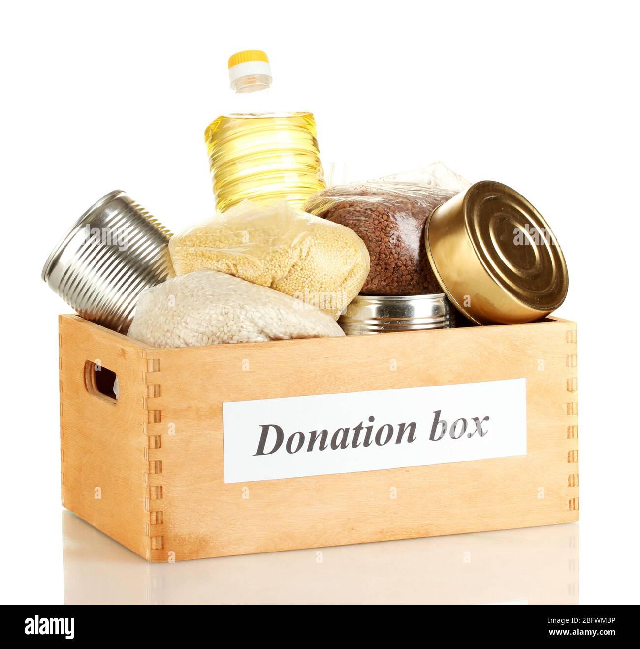 Donation box with food isolated on white Stock Photo - Alamy