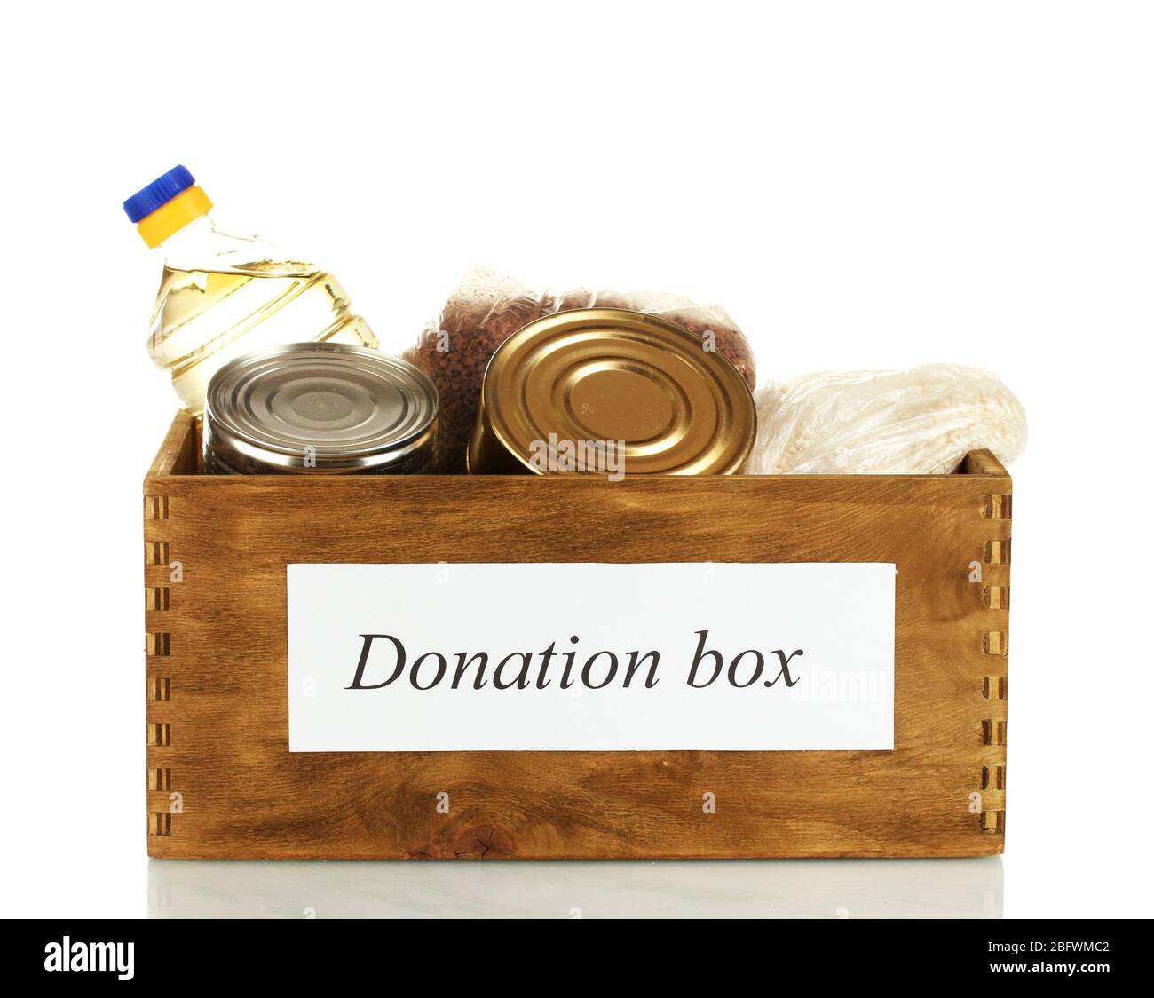 Donation box with food isolated on white Stock Photo - Alamy