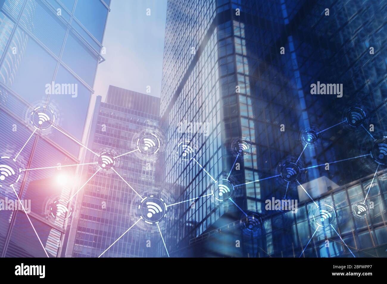 Wi-fi icon on the modern city of the future. Wireless network ...