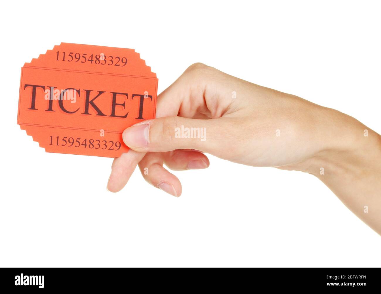 Woman's hand holding a colorful ticket on white background close-up ...