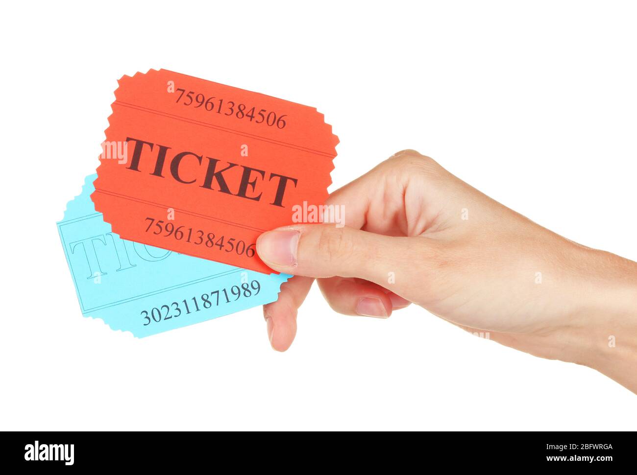 Woman's hand holding a colorful tickets on white background close-up ...