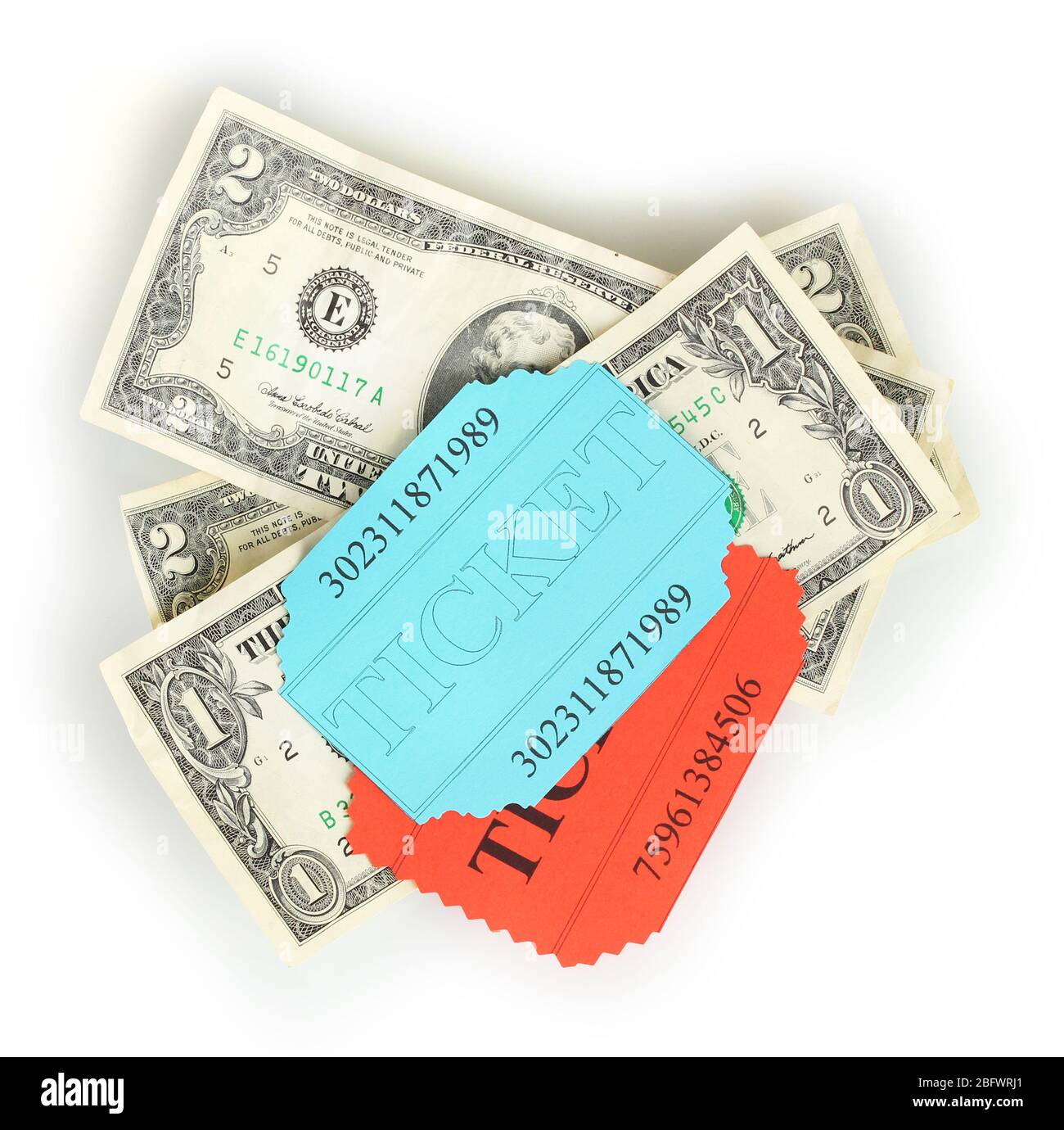 Colorful tickets with money isolated on white Stock Photo - Alamy