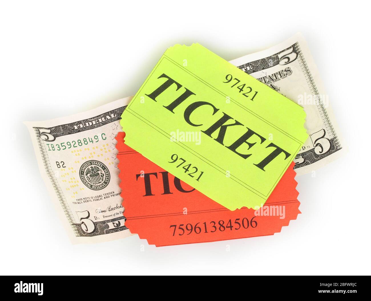 Colorful tickets with money isolated on white Stock Photo - Alamy