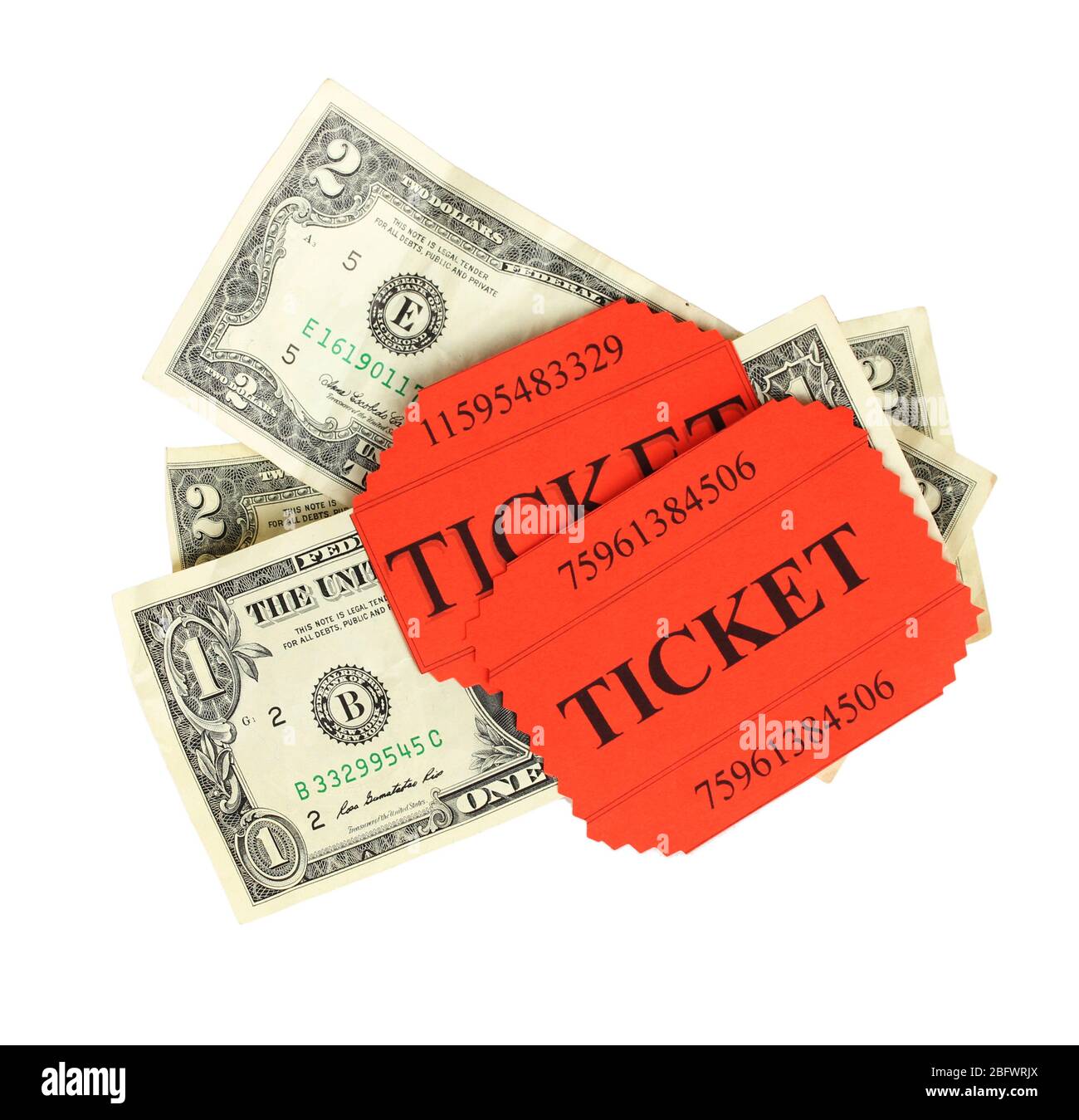 Colorful tickets with money isolated on white Stock Photo - Alamy