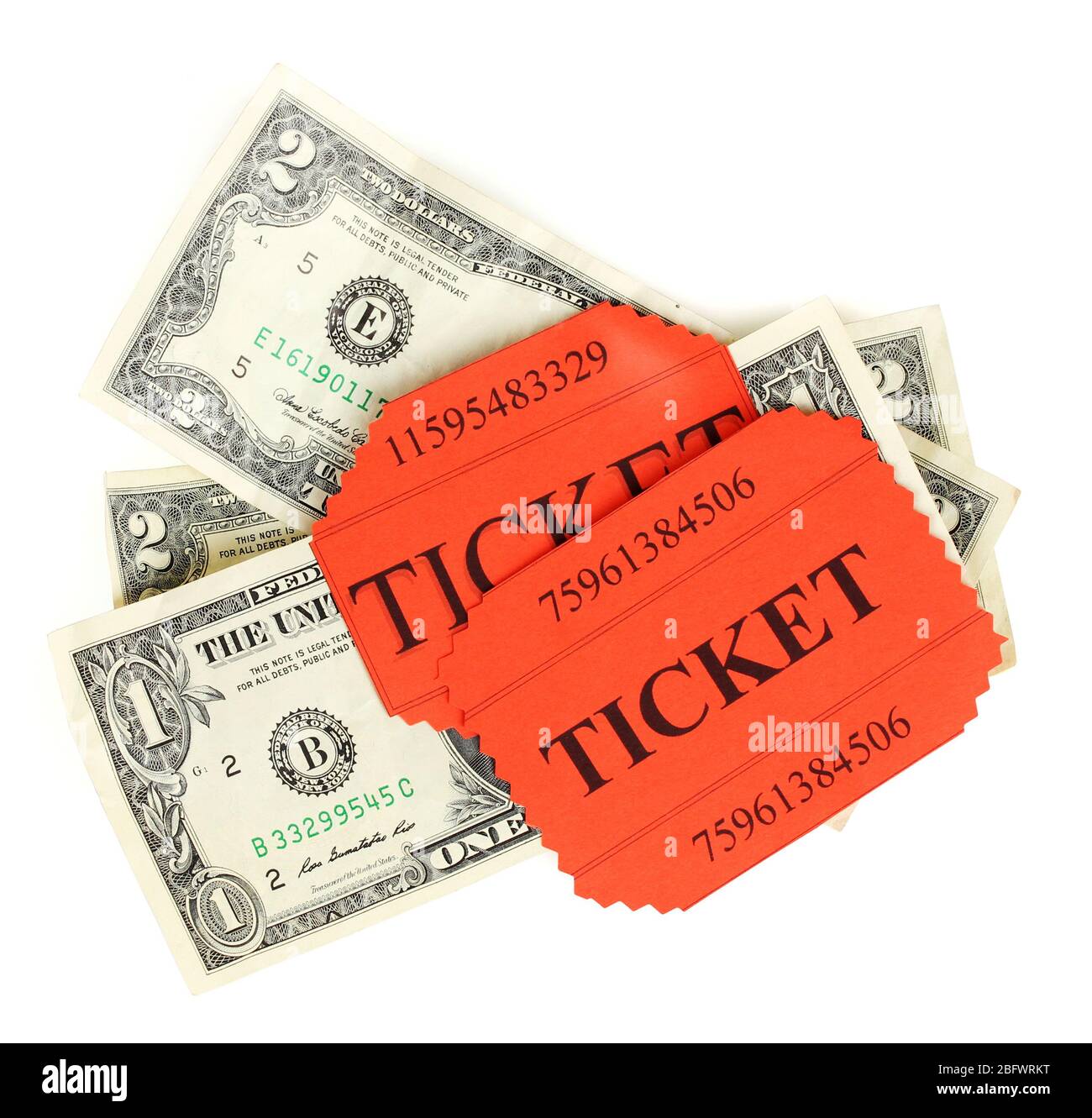 Colorful tickets with money isolated on white Stock Photo - Alamy